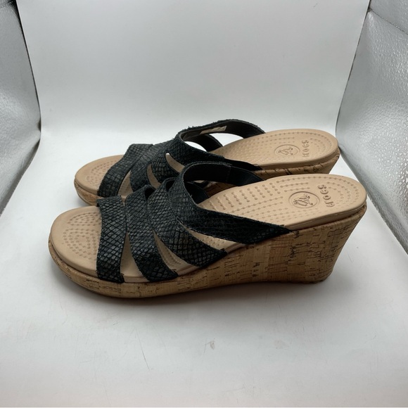 CROCS | Shoes | Crocs Black Suede Cork Wedge Sandals Size 6 | Poshmark
